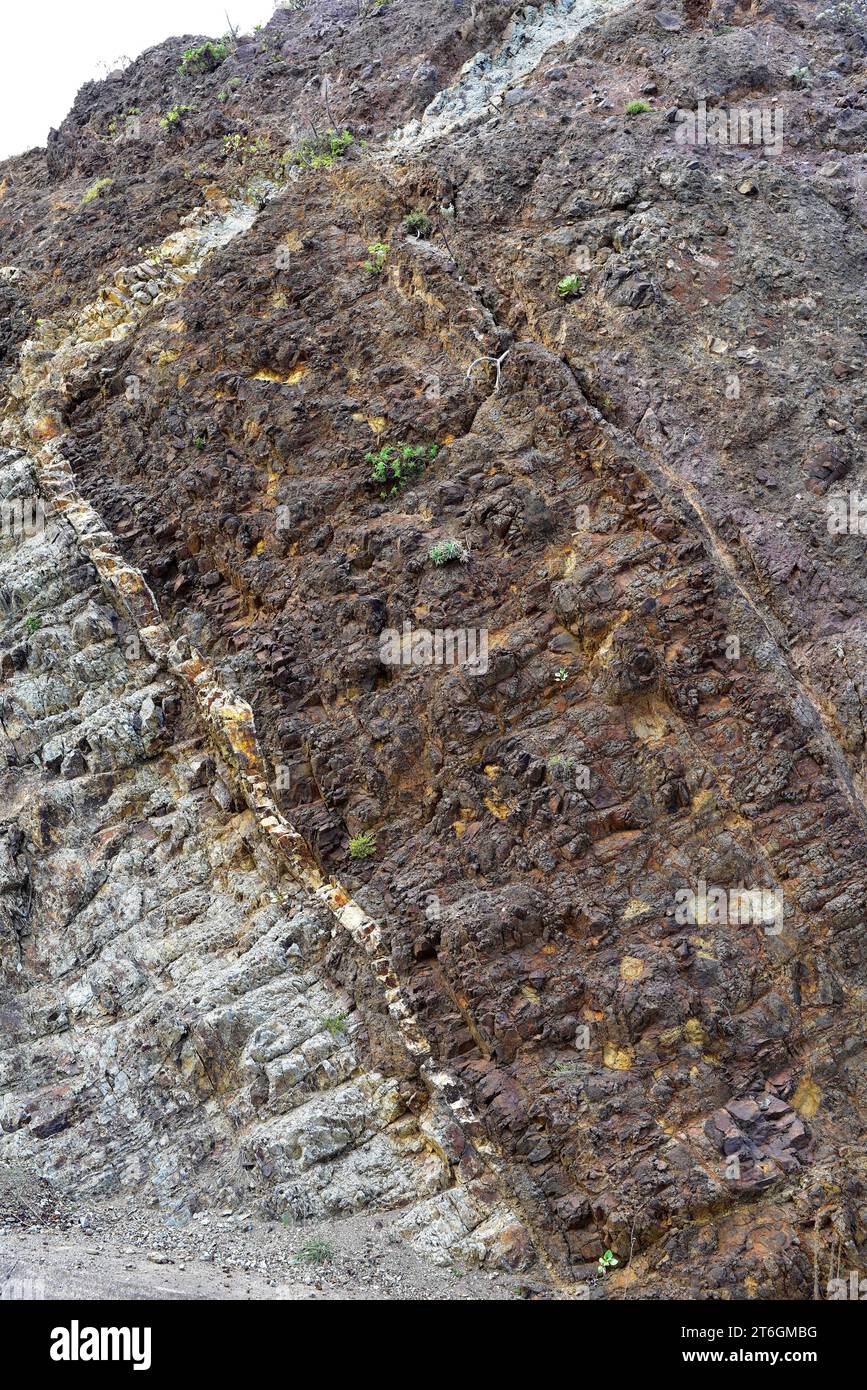 Igneous dikes crossing a volcanic breccia. Anaga Peninsula, Tenerife ...