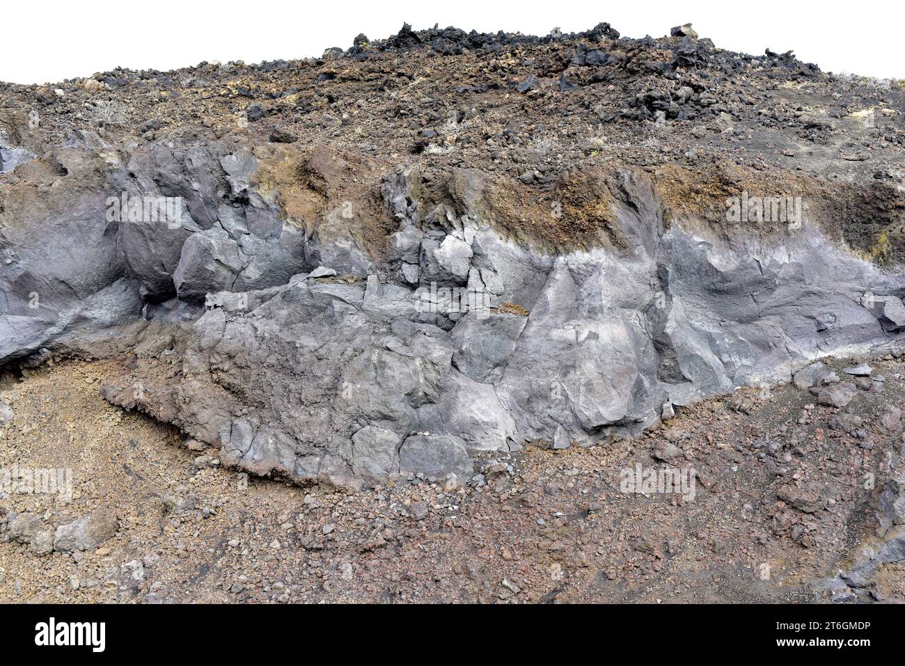 Layers of pyroclasts (ash, lapilli and volcanic bombs) and lava flow expelled by Teneguia ...