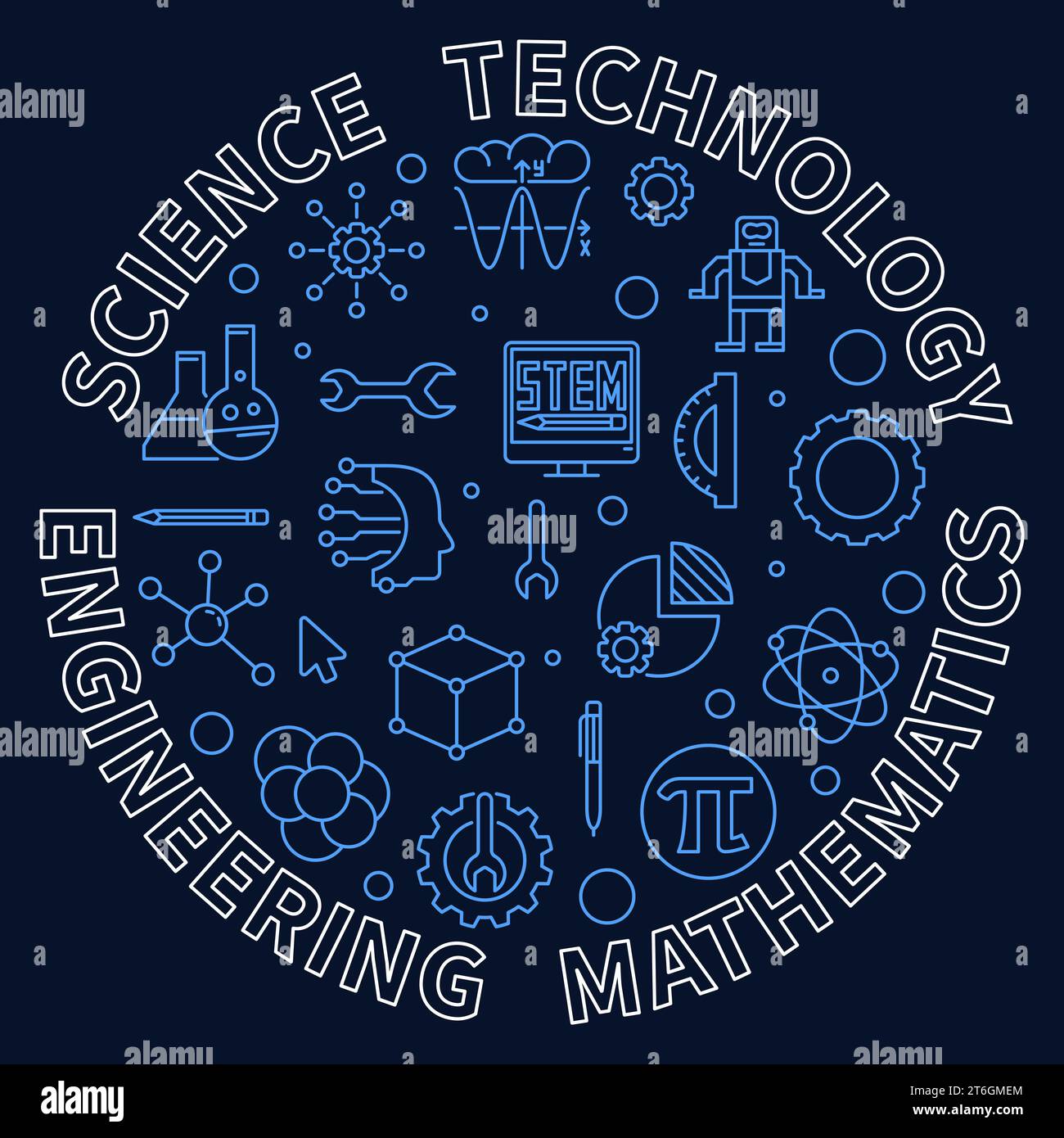 Science, Technology, Engineering, Mathematics - STEM concept outline round blue illustration or ...