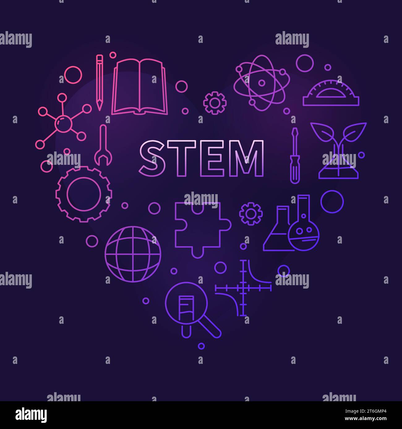 STEM Science Heart line concept banner. Science, Technology, Engineering and Math vector linear ...
