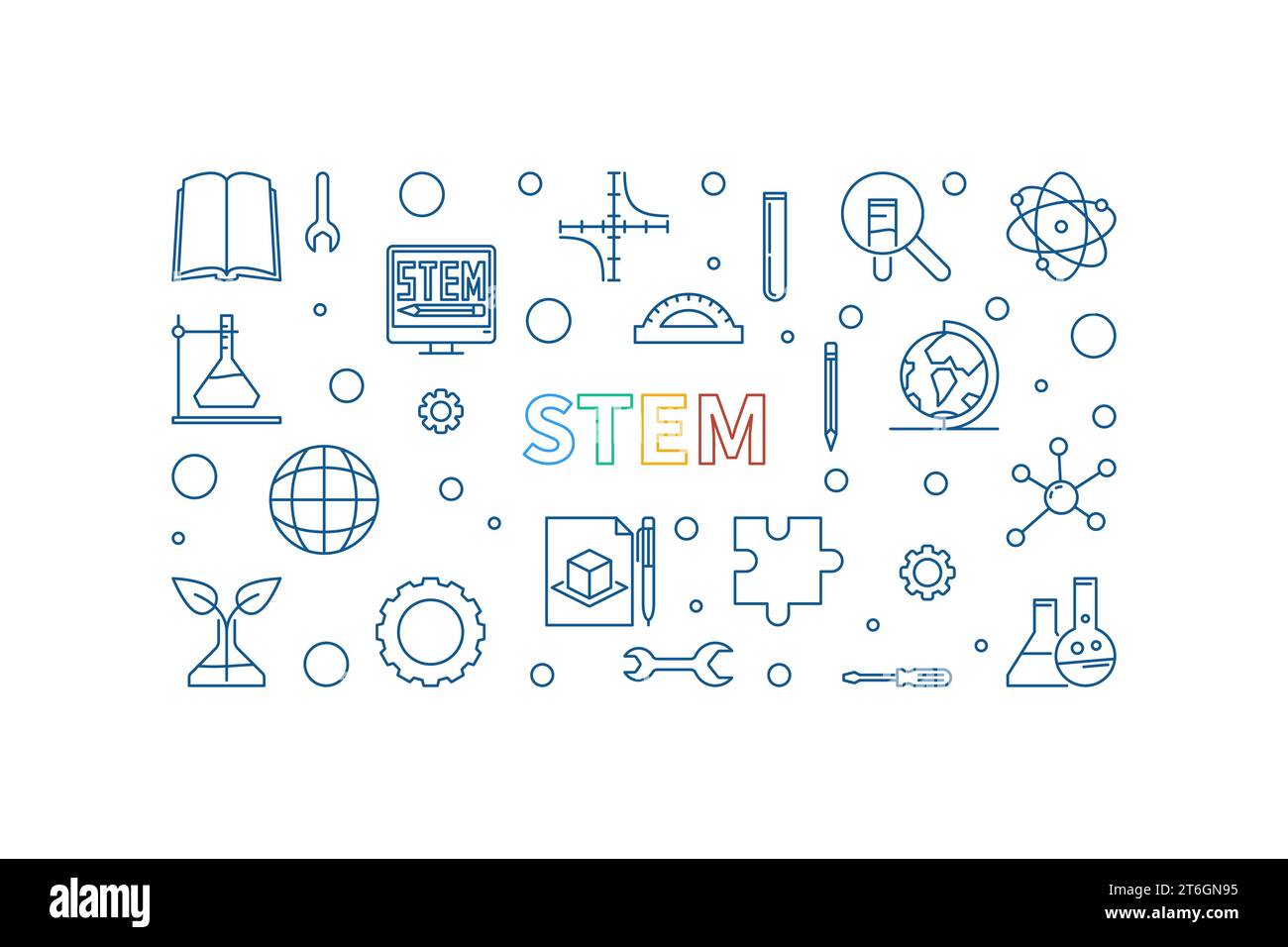 STEM Science outline concept banner. Science, Technology, Engineering and Math vector horizontal ...