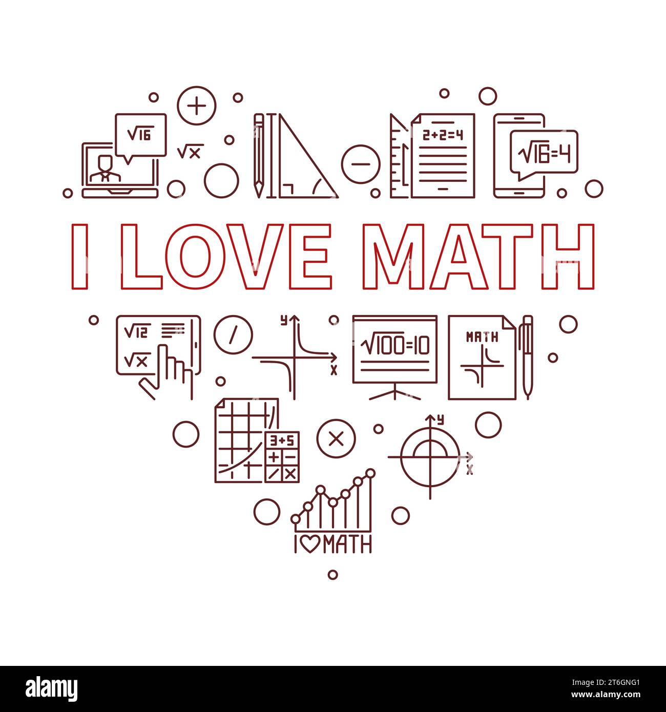 I Love Math Concept Vector Thin Line Heart Shaped Banner Mathematics Illustration Stock Vector