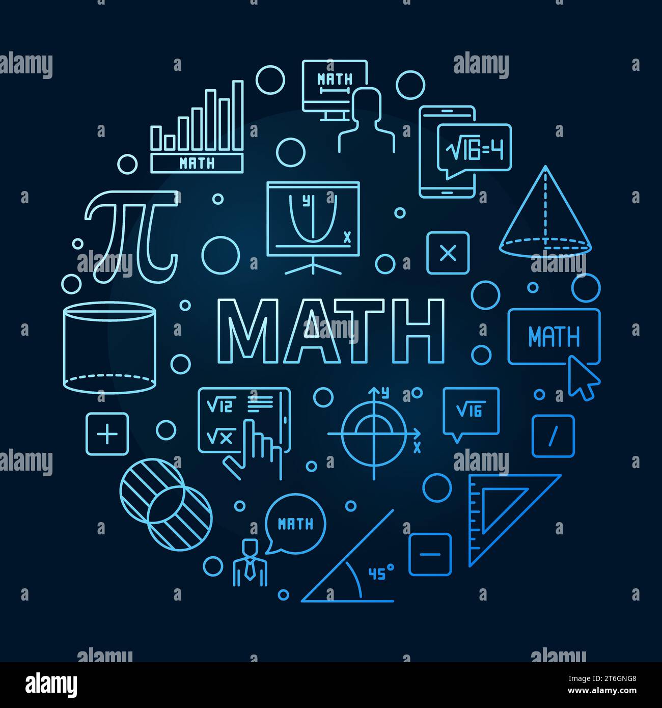 Math vector thin line circular blue banner - Mathematics concept round ...