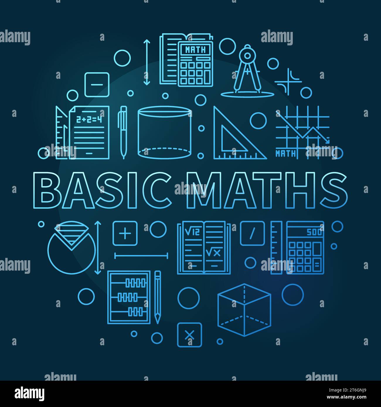 Basic Maths concept vector thin line circular blue banner. Math ...