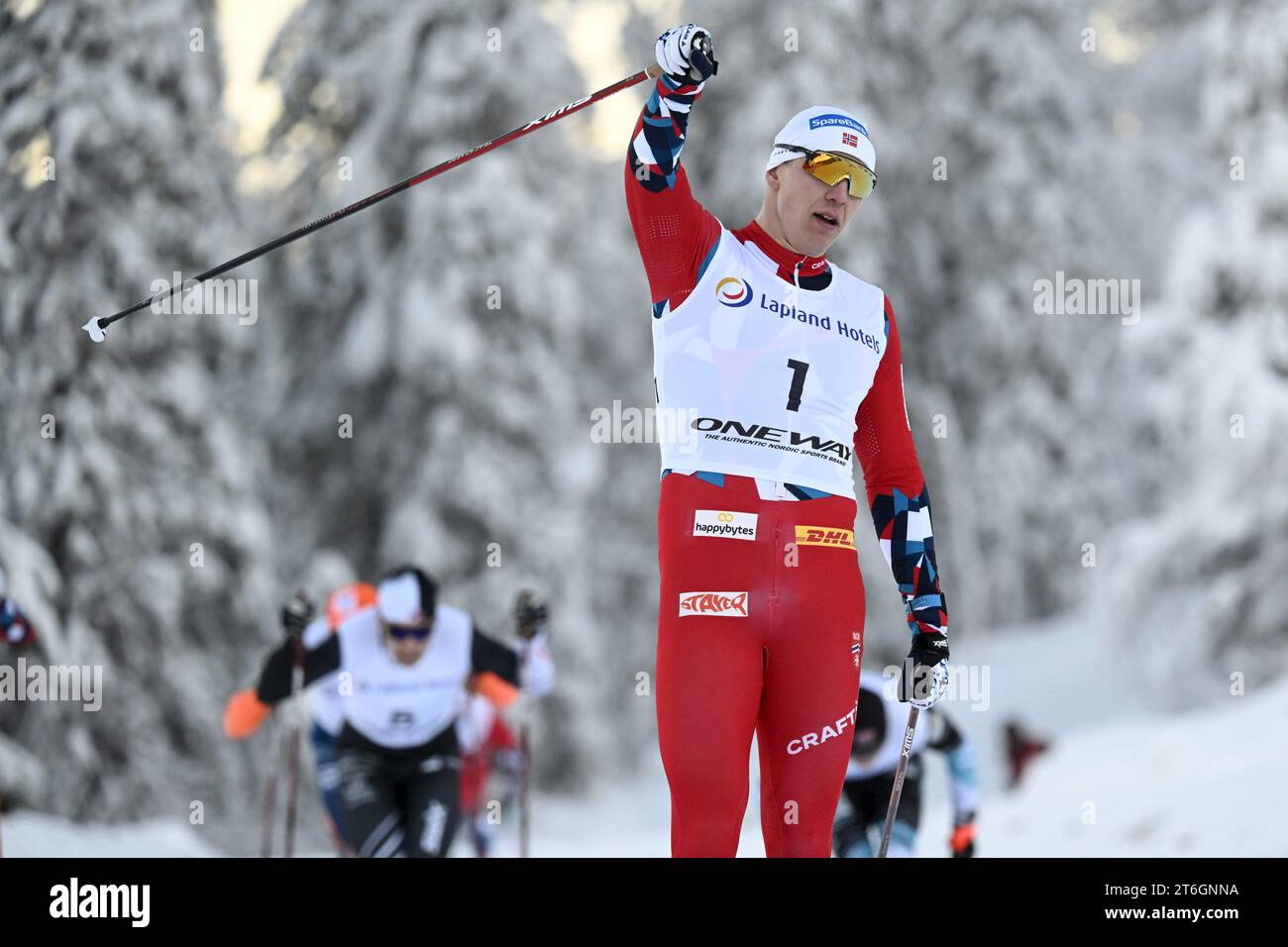Muonio, Finland. 10th Nov, 2023. Erik Valnes of Norway celebrates ...