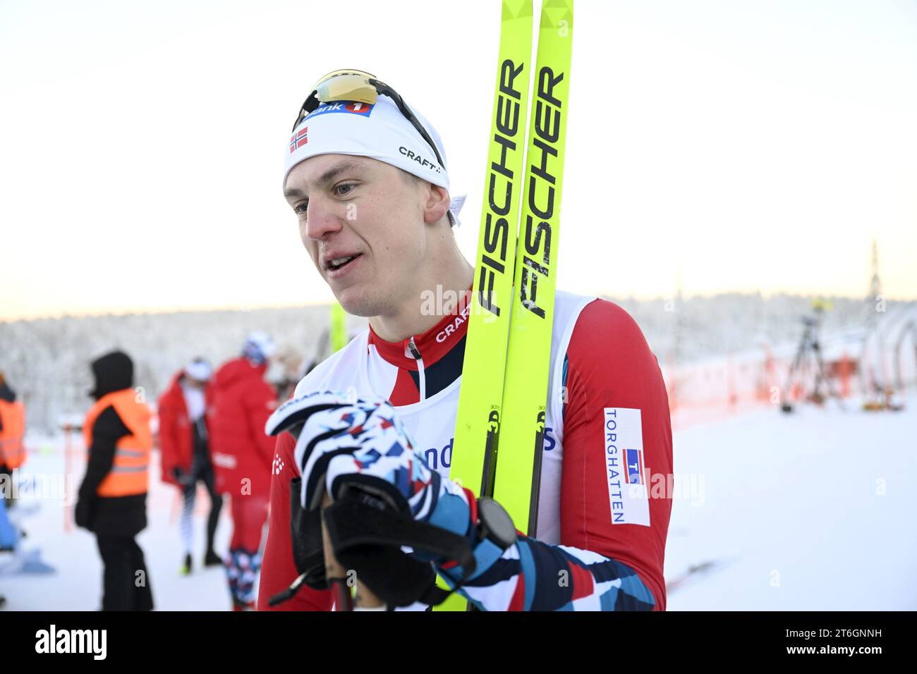 Muonio, Finland. 10th Nov, 2023. Erik Valnes of Norway reacts after ...