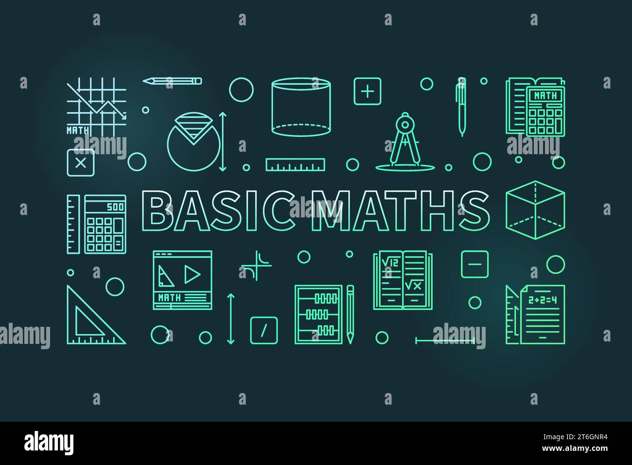 Basic Maths concept vector thin line horizontal colored banner. Math ...