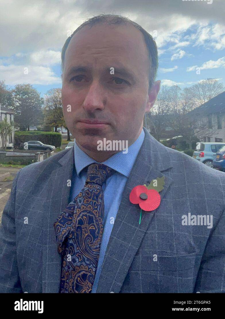 DUP Councillor Andrew Clarke speaking in the Antiville area of Larne ...