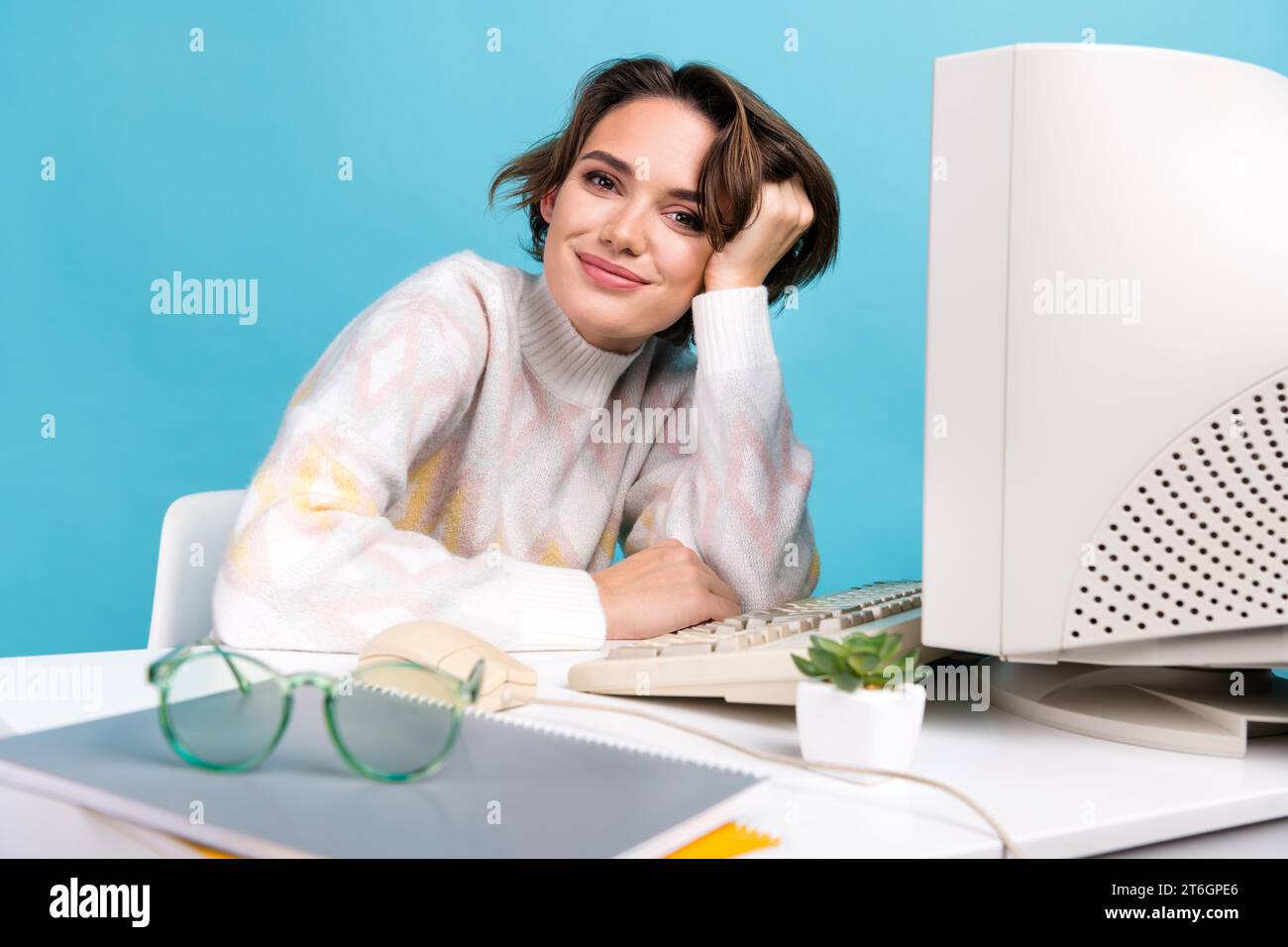 Photo of pretty positive person enjoy pause break old pc desktop ...