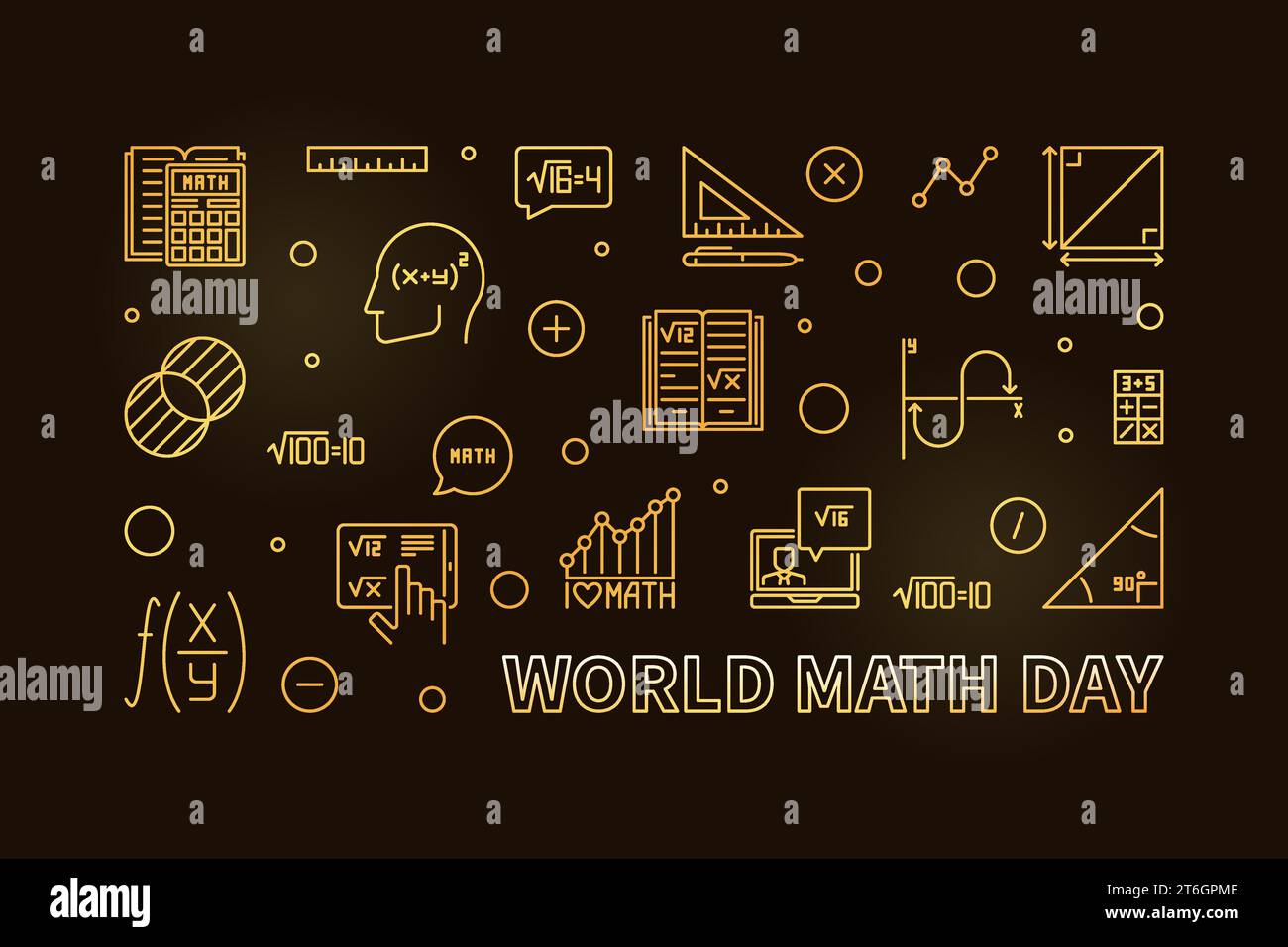 World Math Day concept vector thin line horizontal golden banner. Math ...