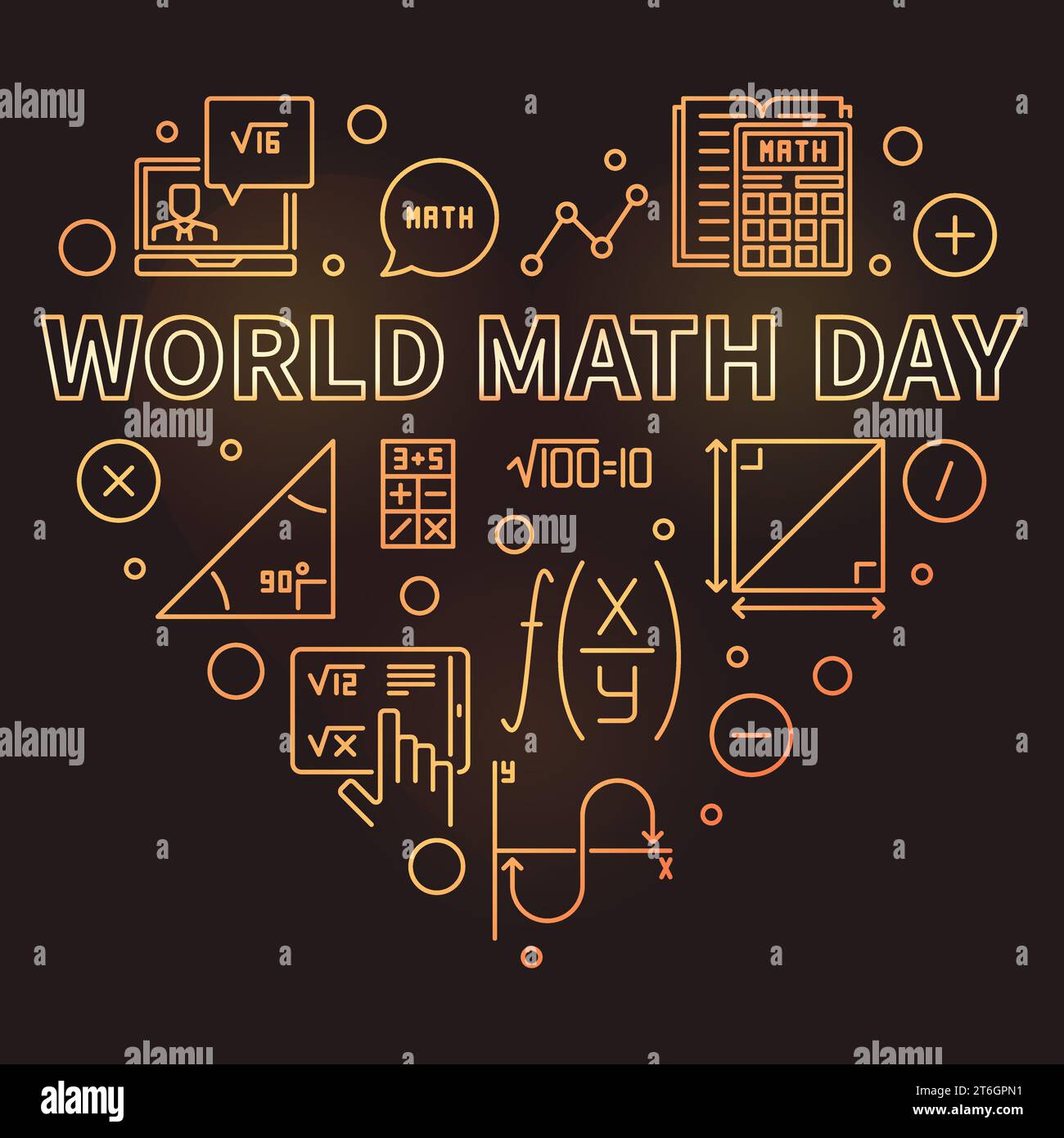 World Math Day concept vector thin line heart shaped golden banner ...