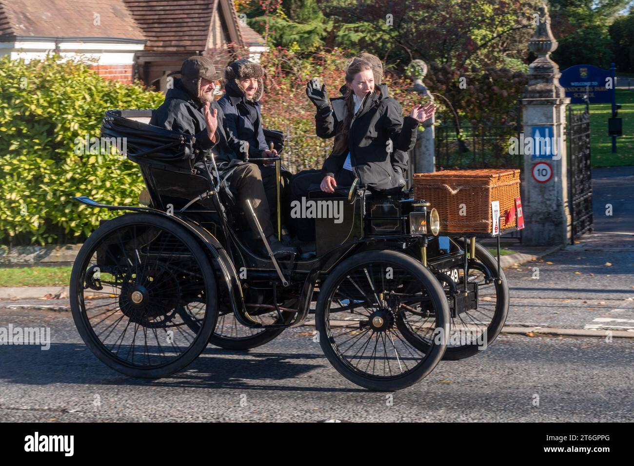 A black 1898 Peugeot car in the London to Brighton veteran car run ...