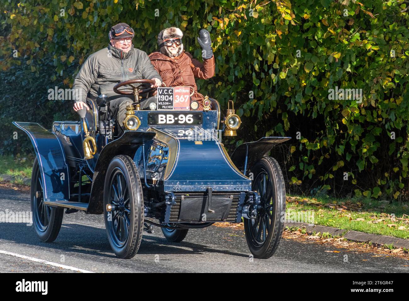 A blue 1904 Wilson Pilcher car in the London to Brighton veteran car ...