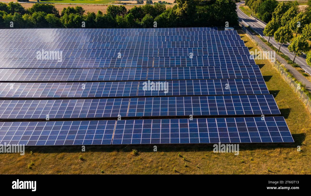 Array field with solar panels of a solar power plant for the generation ...