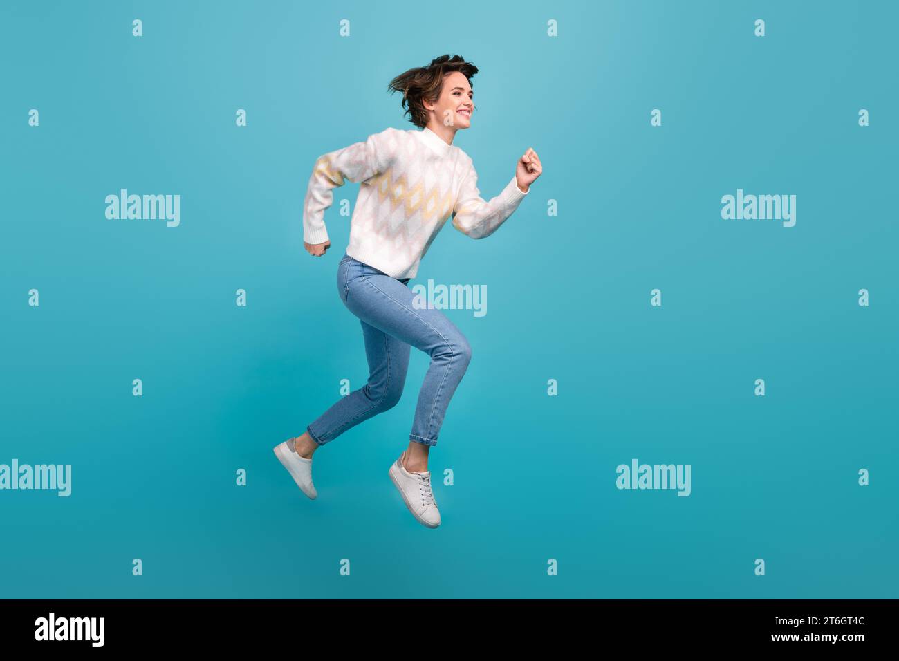 Full body length photo of running person attractive young lady flying ...