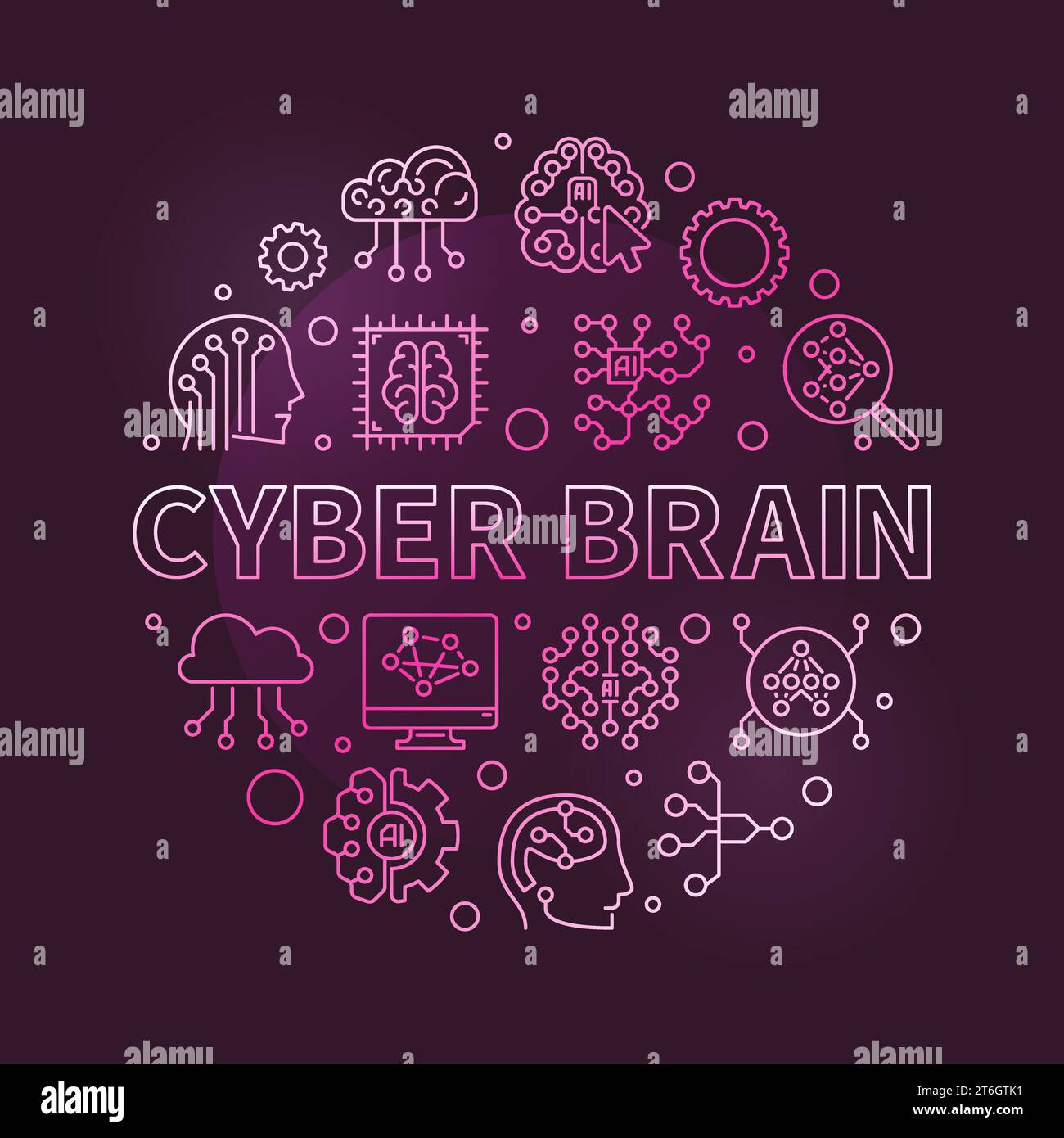Cyber Brain concept vector round simple outline red banner or ...