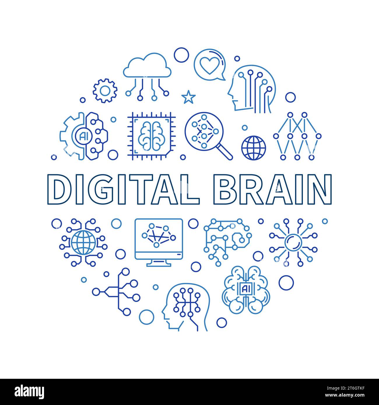 Digital Brain concept round banner in thin line style - vector ...