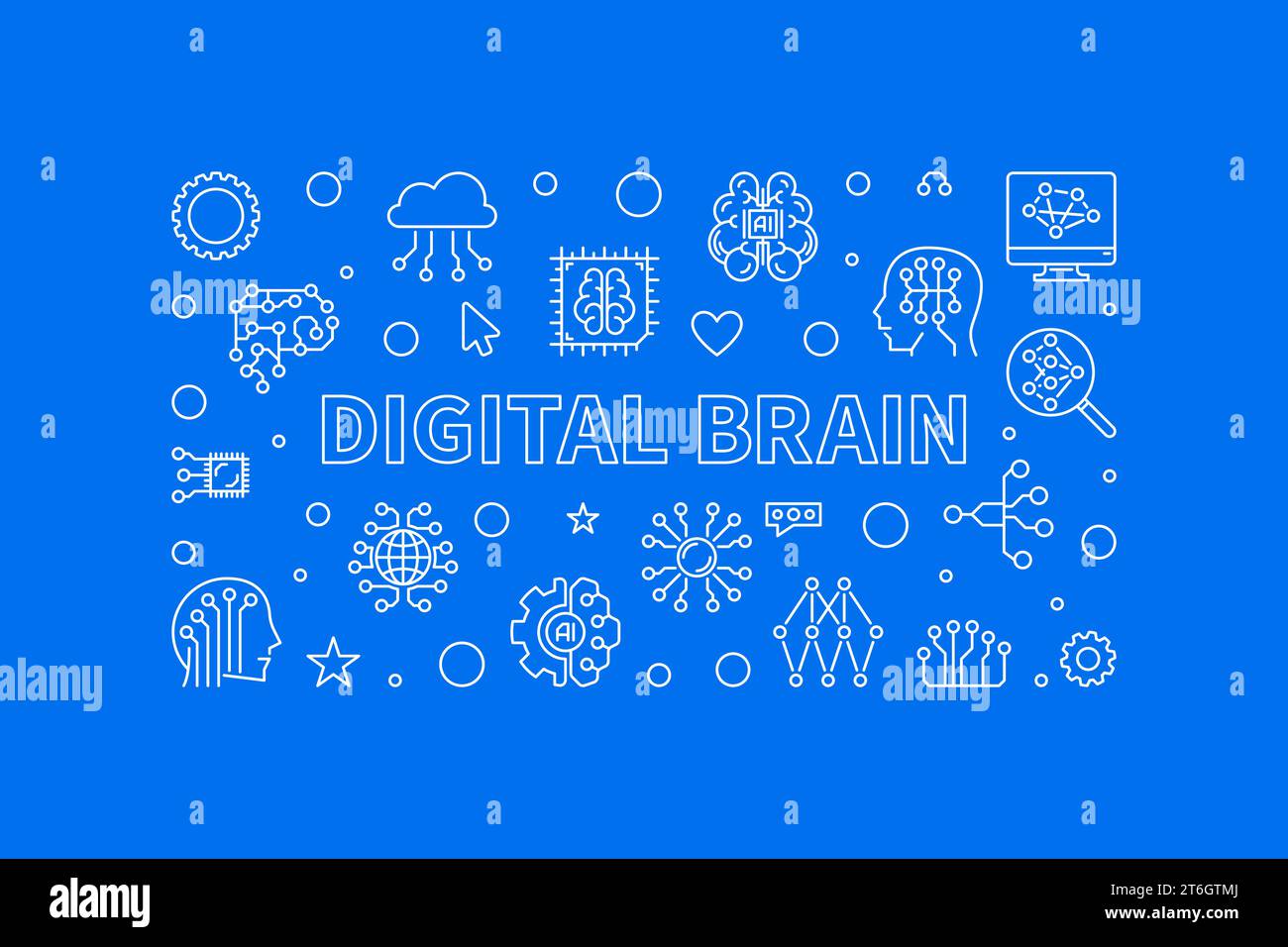 Digital Brain concept horizontal banner in thin line style - vector blue illustration Stock ...