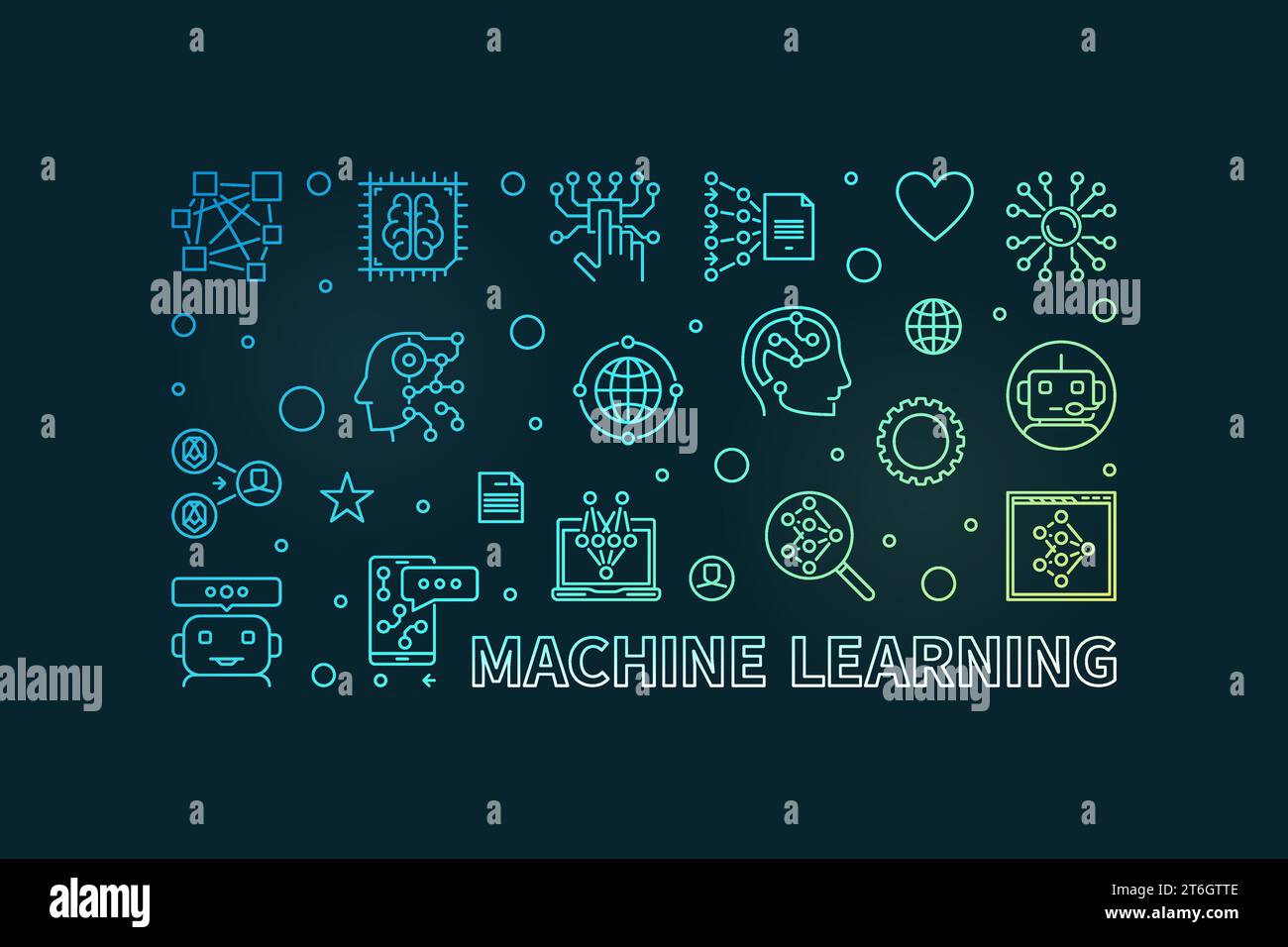 Machine Learning concept thin line horizontal colored banner. ML ...