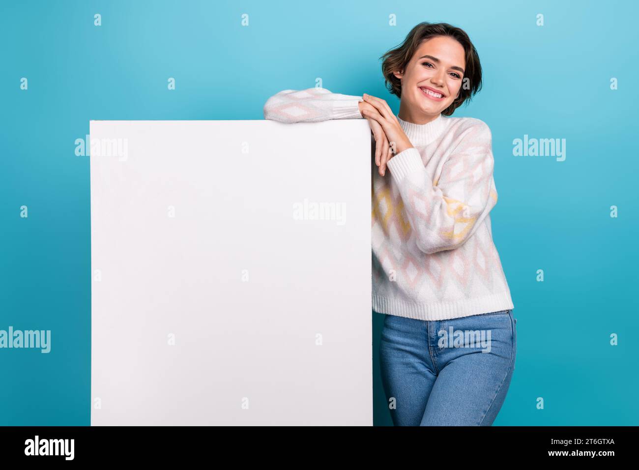 Photo Of Cheerful Friendly Person Toothy Smile Demonstrate Empty Space