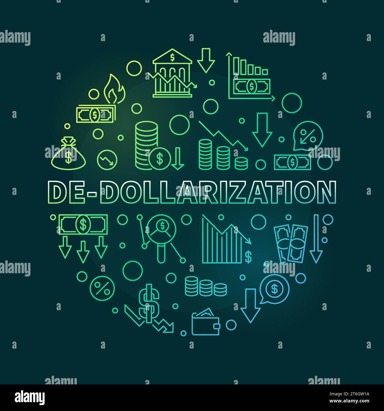De-Dollarization vector concept round colored thin line banner. USD ...