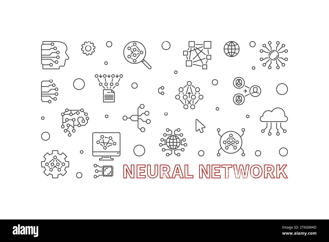 Neural Network concept outline horizontal banner. Vector Artificial Intelligence Technology ...
