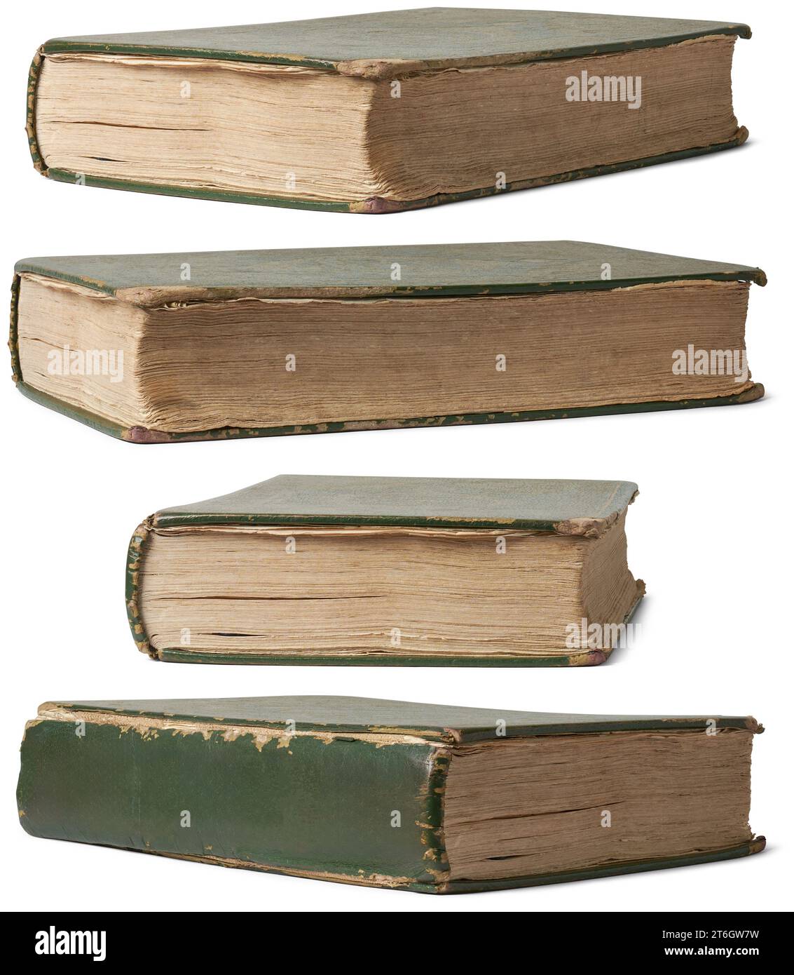 set of old used books isolated with torn and worn green cover on white ...