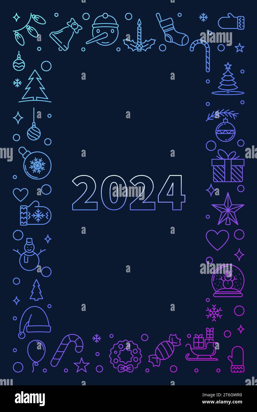 Happy New 2024 Year linear colored frame - vector Xmas vertical ...