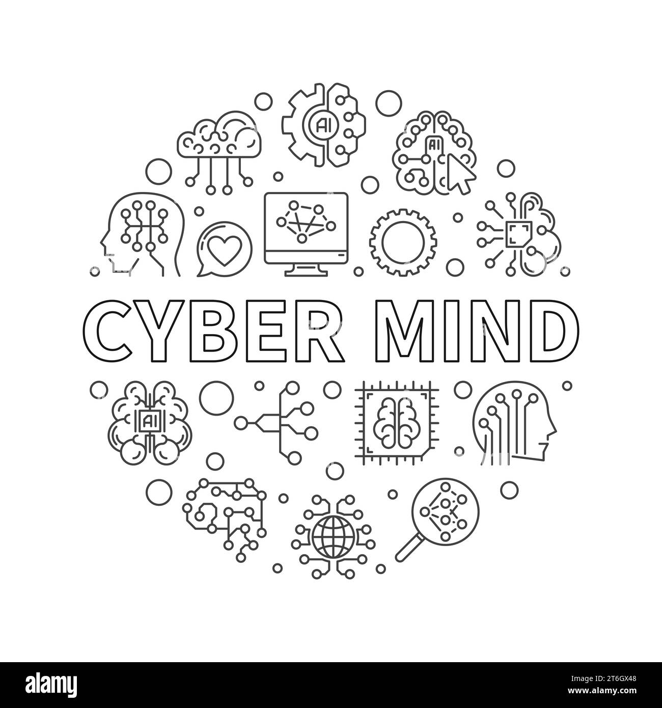 Cyber Mind concept linear minimal round banner - vector AI illustration ...