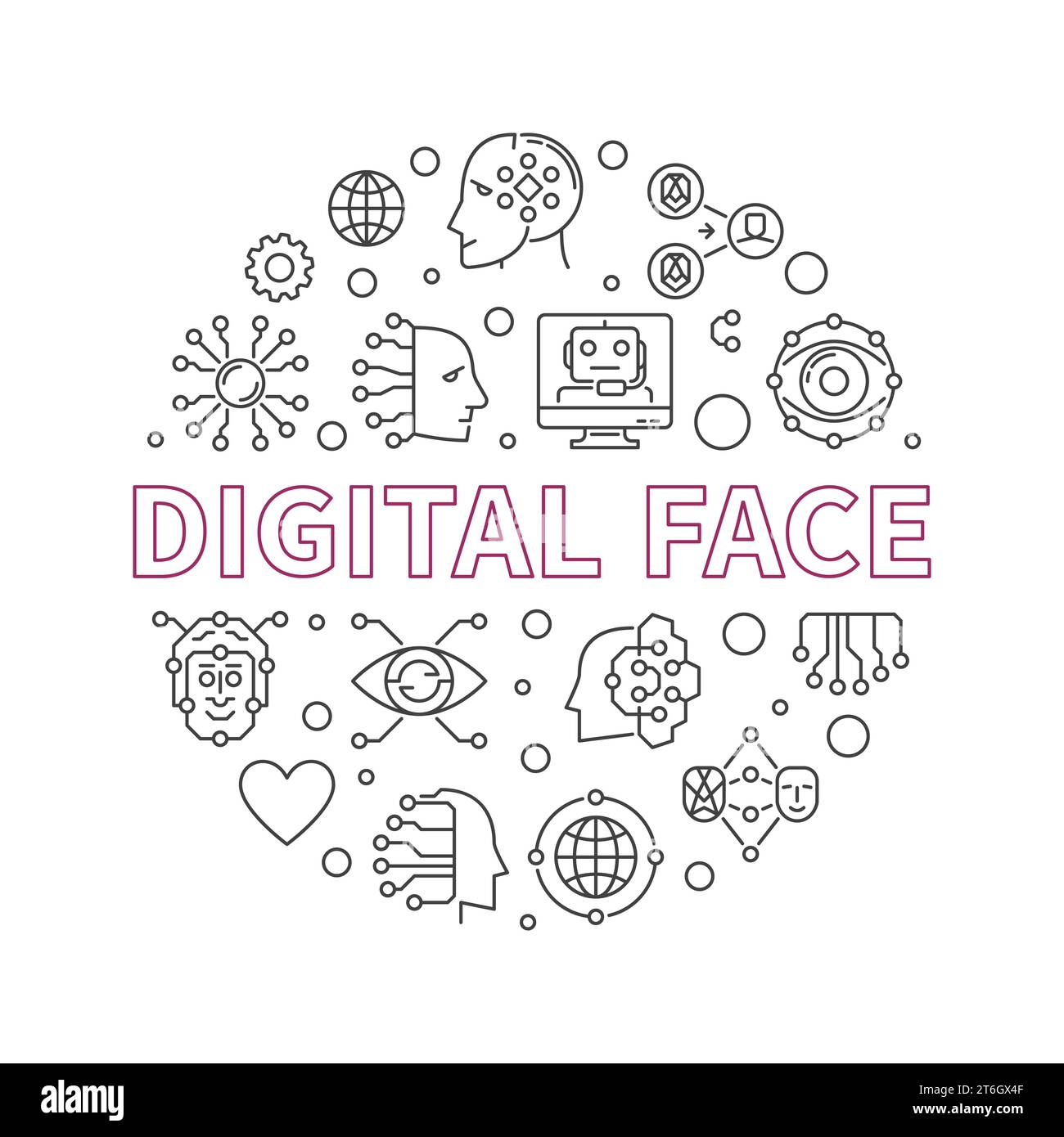 Digital Face concept outline round minimal banner. Vector AI Bot ...