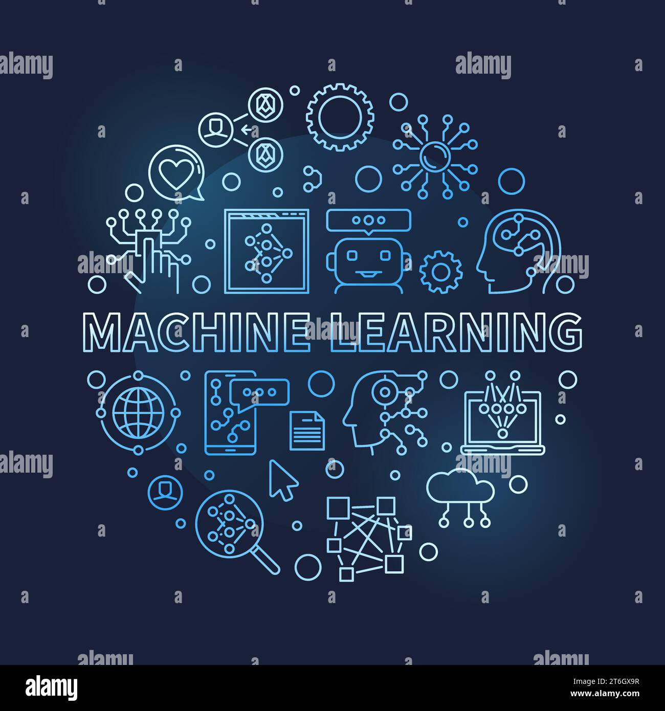 Machine Learning concept thin line round blue banner. ML Technology ...