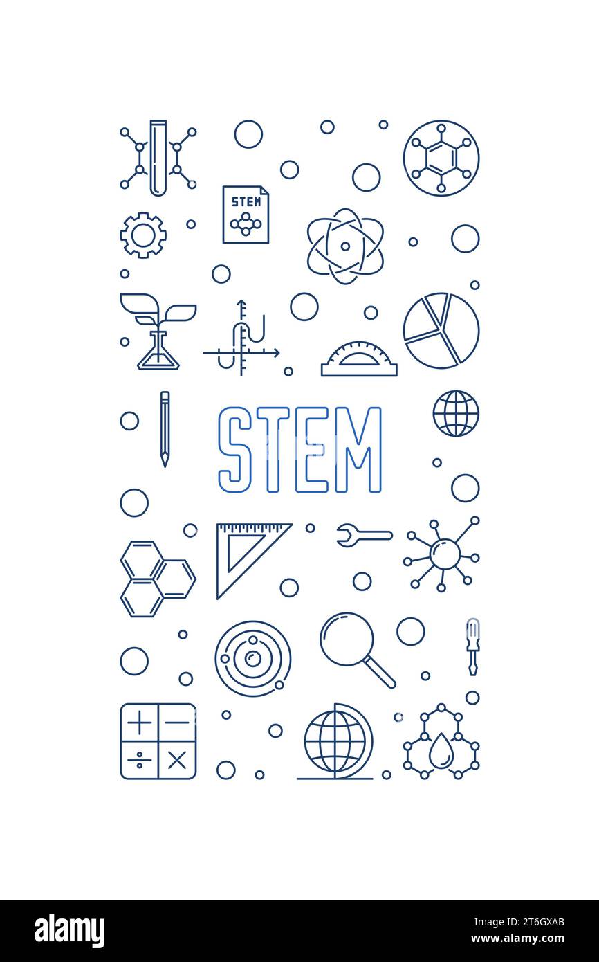 STEM vector thin line vertical minimal blue banner. Science concept ...