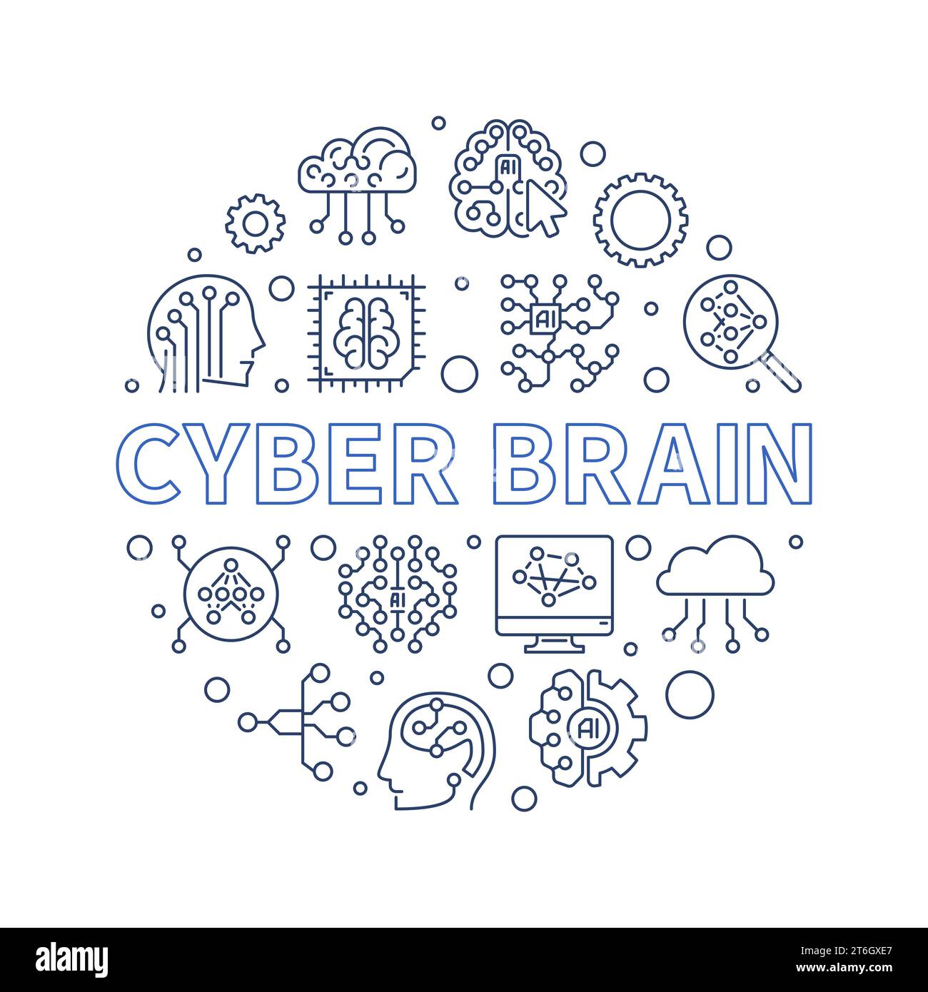 Cyber Brain concept vector round simple banner or illustration in thin ...