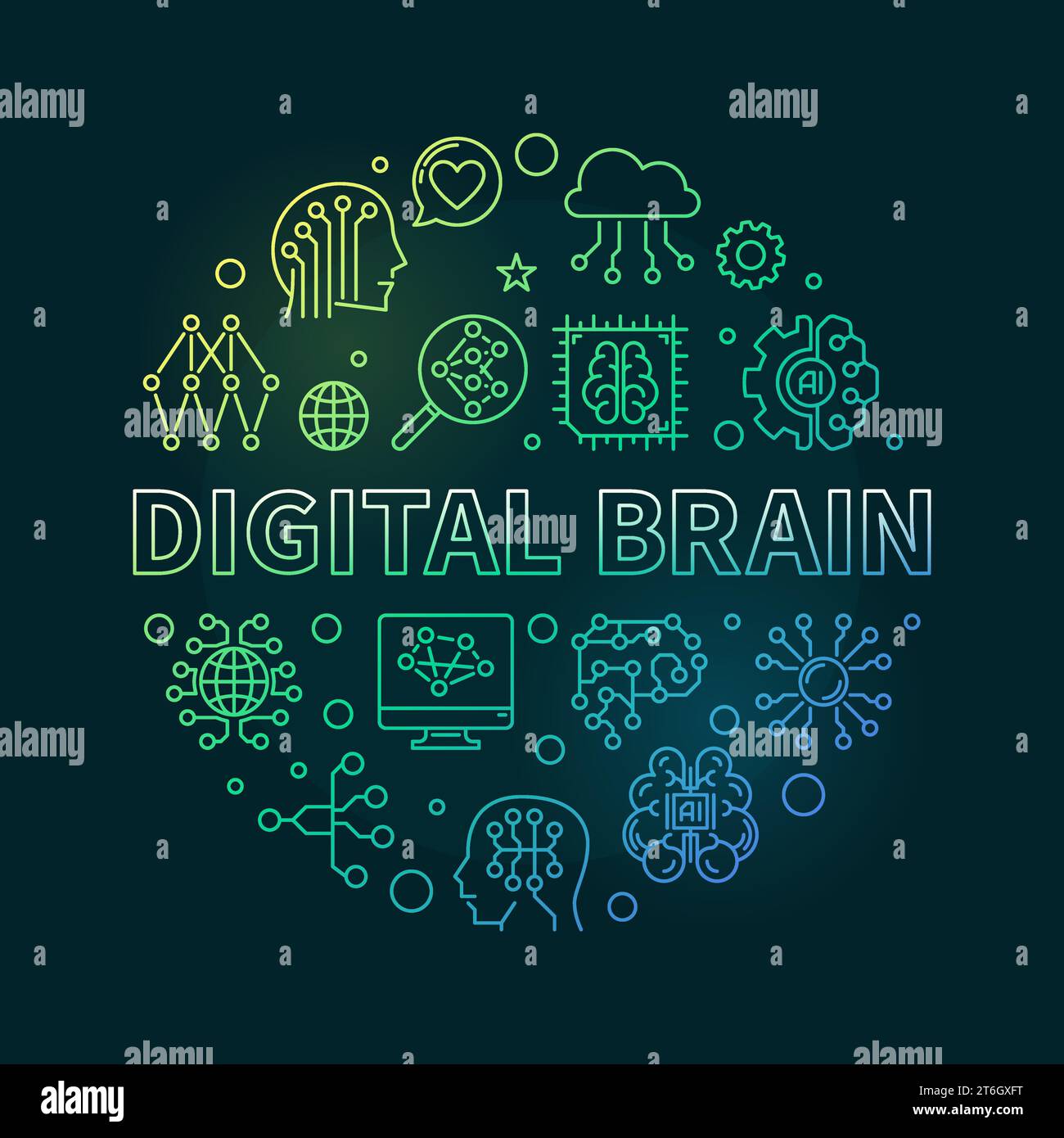 Digital Brain concept round outline colored banner. Vector illustration ...