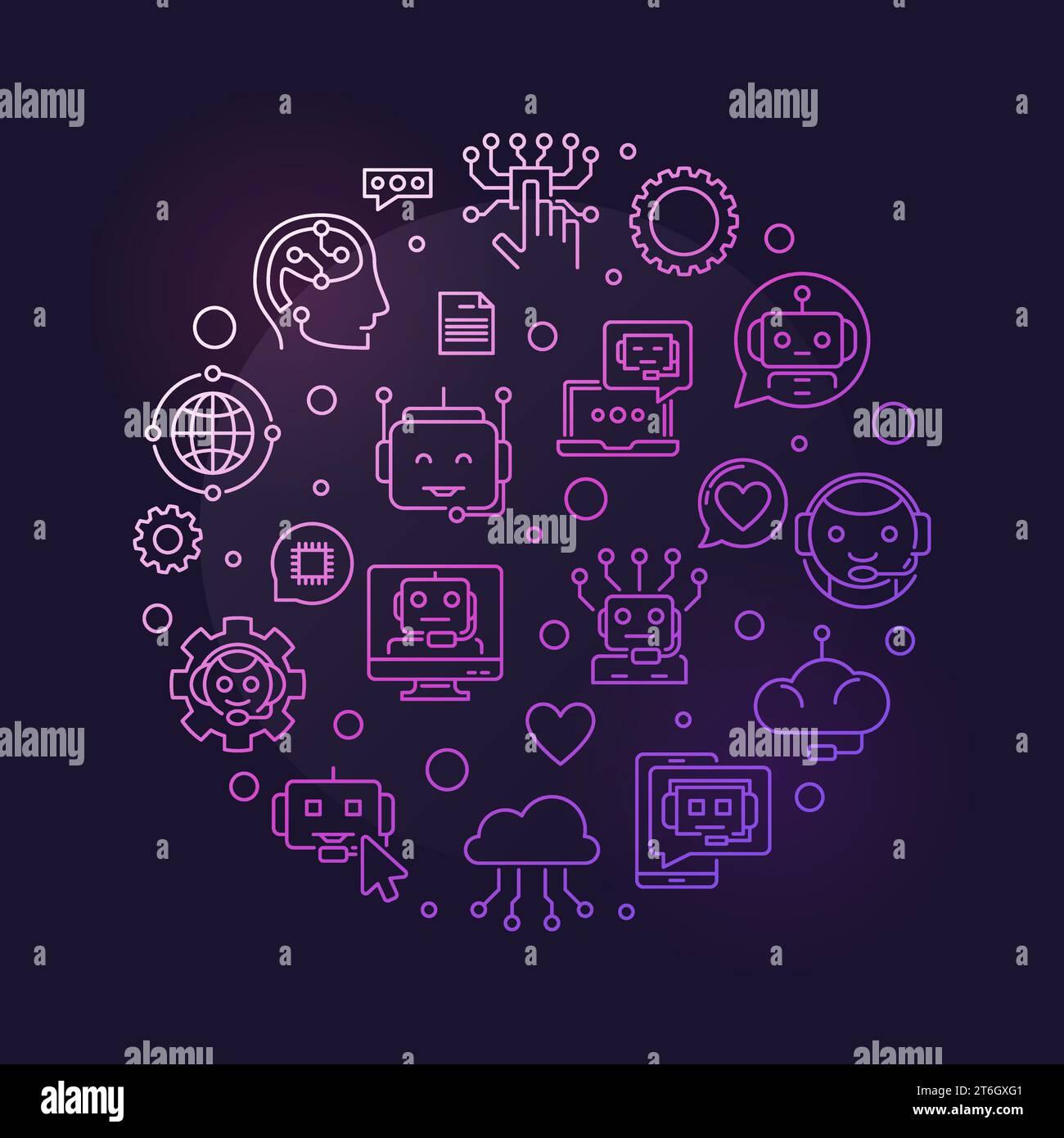 Chatbot concept thin line round vector purple banner. Chatterbot Software linear illustration on ...