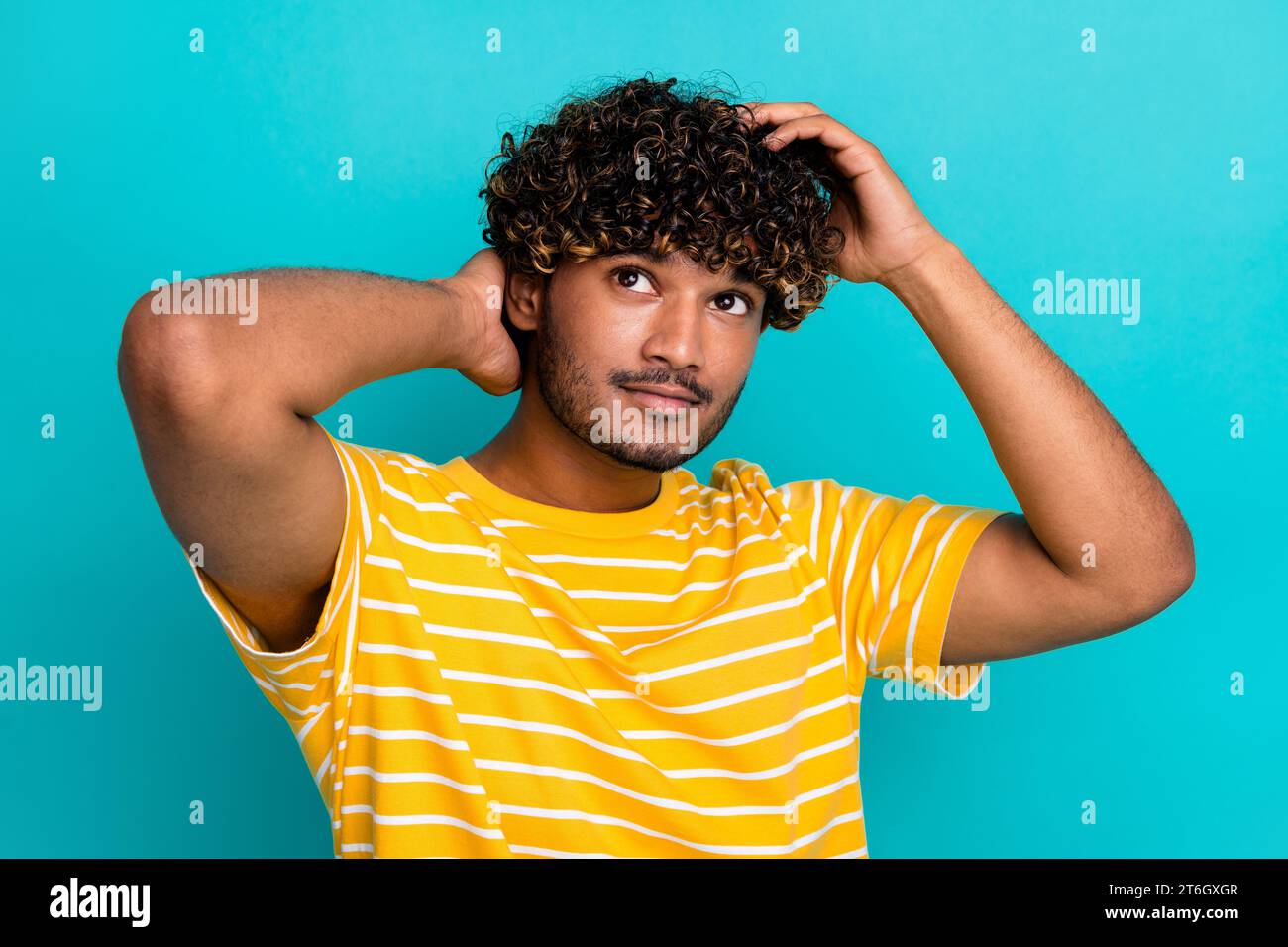 Photo of attractive person arms touch new curly hairstyle anti dandruff ...