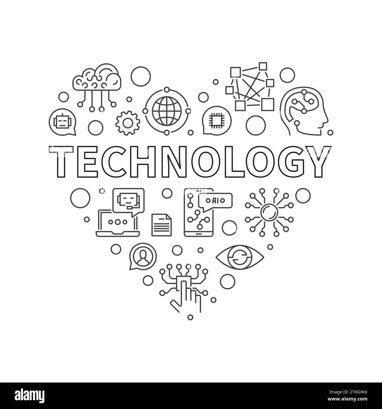 Technology Heart concept outline banner. Vector AI, ML and Neural ...
