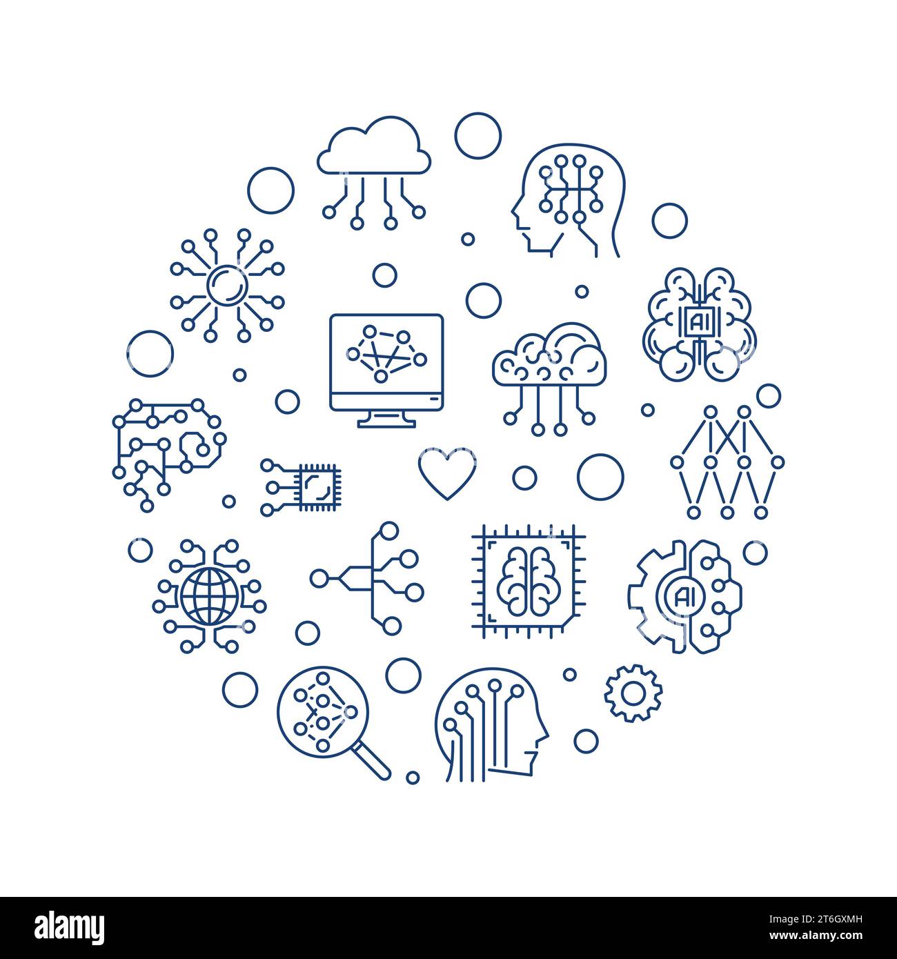 Artificial Intelligence Digital Brain Technology concept thin line round vector simple banner or ...