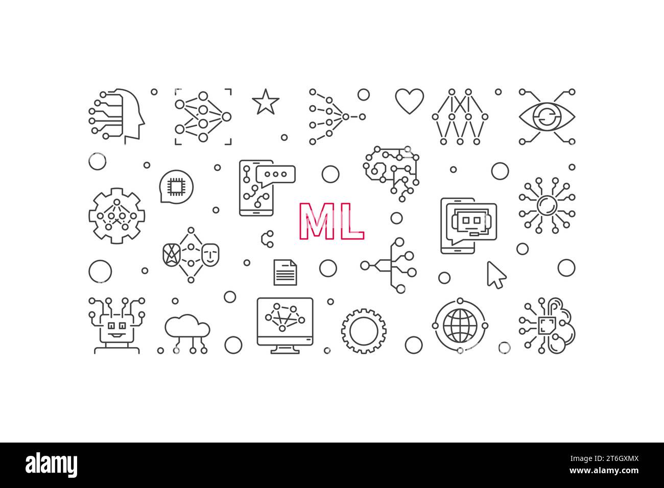 ML concept horizontal banner in outline style. Vector Machine Learning ...