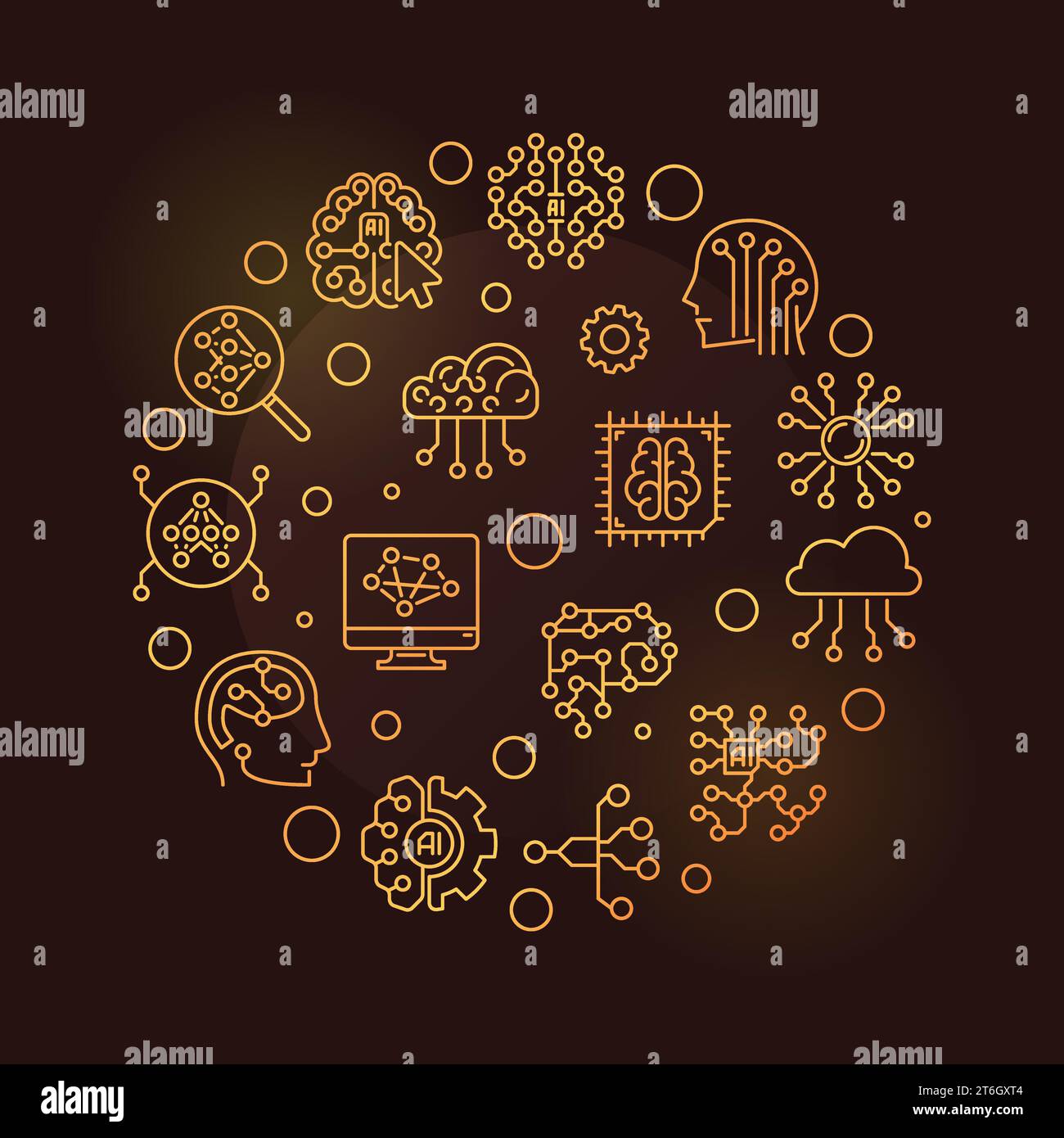 Cyber Brain and Artificial Intelligence concept thin line round colorful banner. Vector AI ...