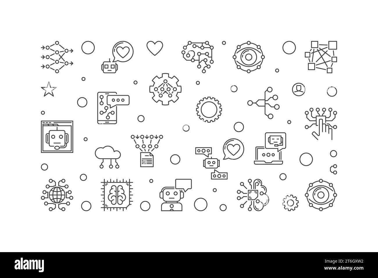 Solution concept horizontal banner in thin line style. Vector Artificial intelligence and Neural ...