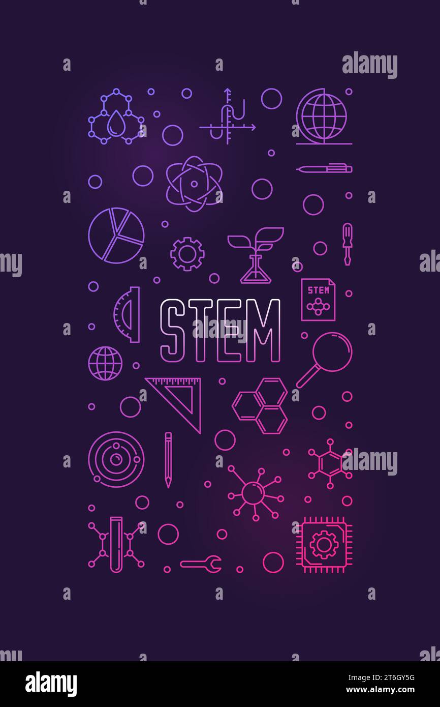 STEM concept vertical minimal thin line purple banner. Science, technology, engineering ...