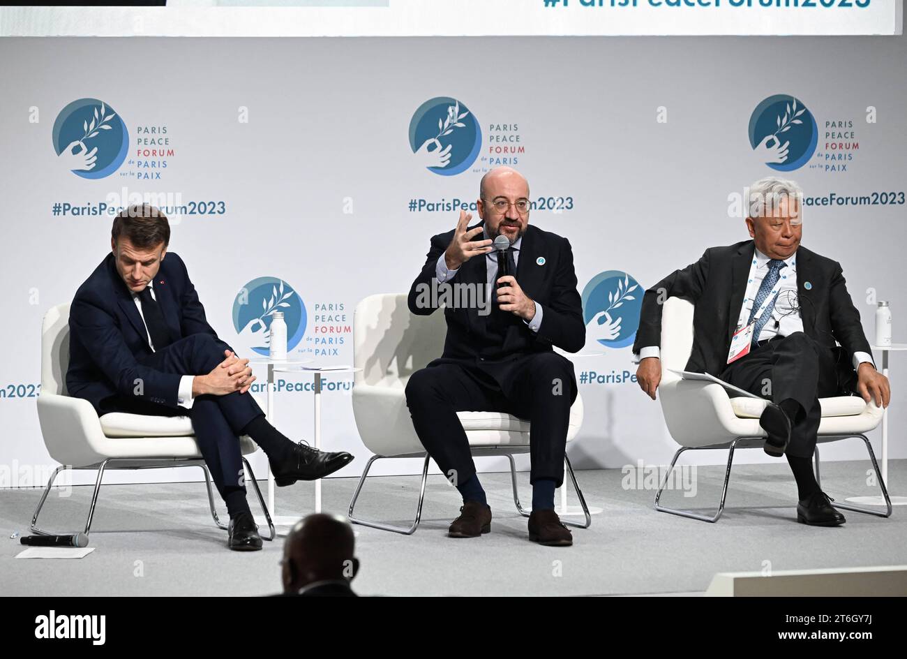 President Emmanuel Macron, President of the European Council Charles Michel and Jin Liqun (AIIB ...