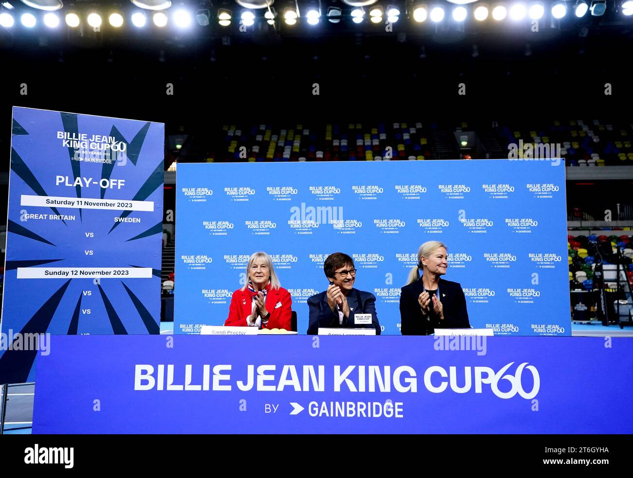 Sandi Procter, Anne Lasserre and Asa Hedin during the play-off draw ...