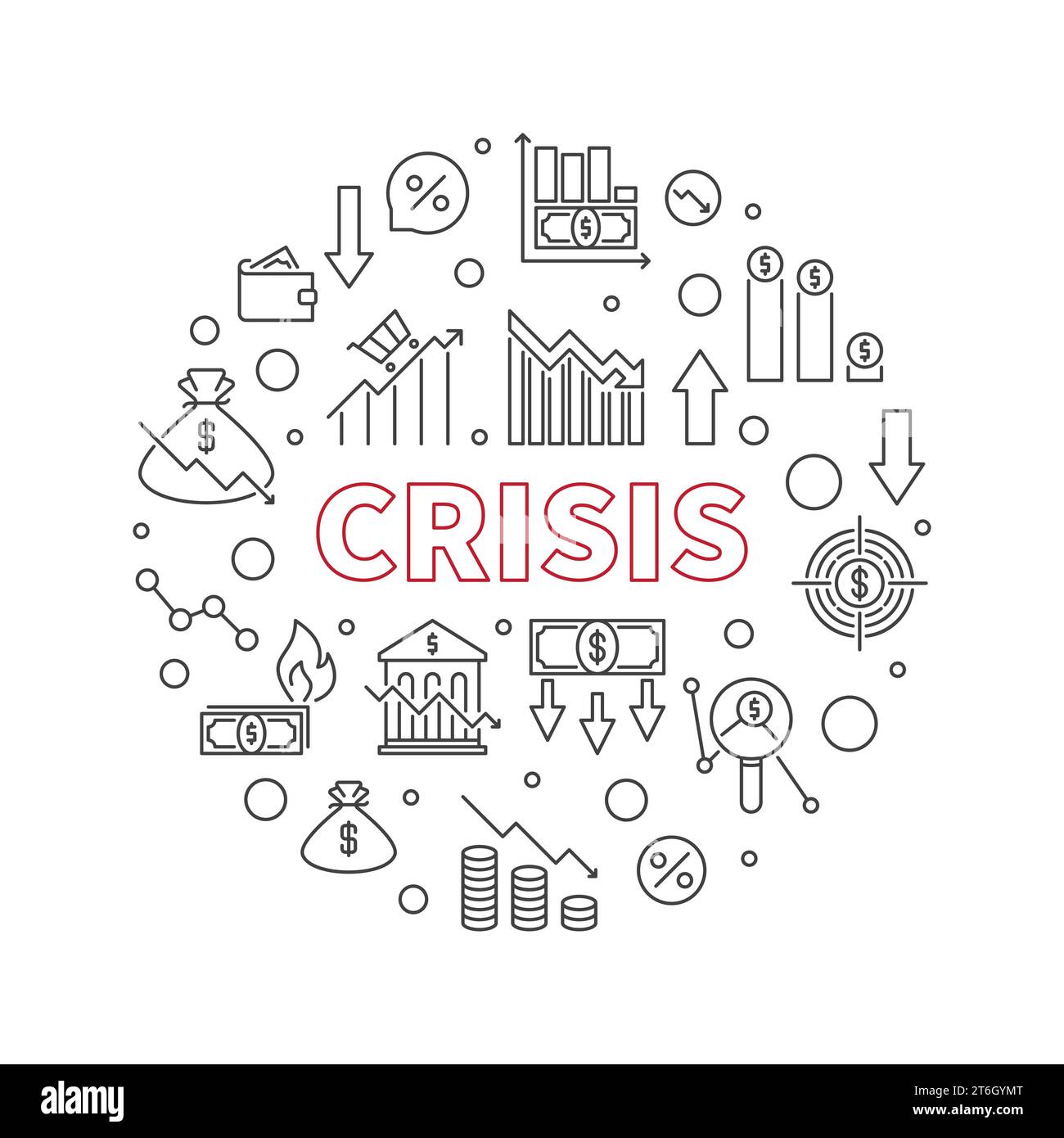 Crisis vector concept round simple banner in outline style - Economy ...