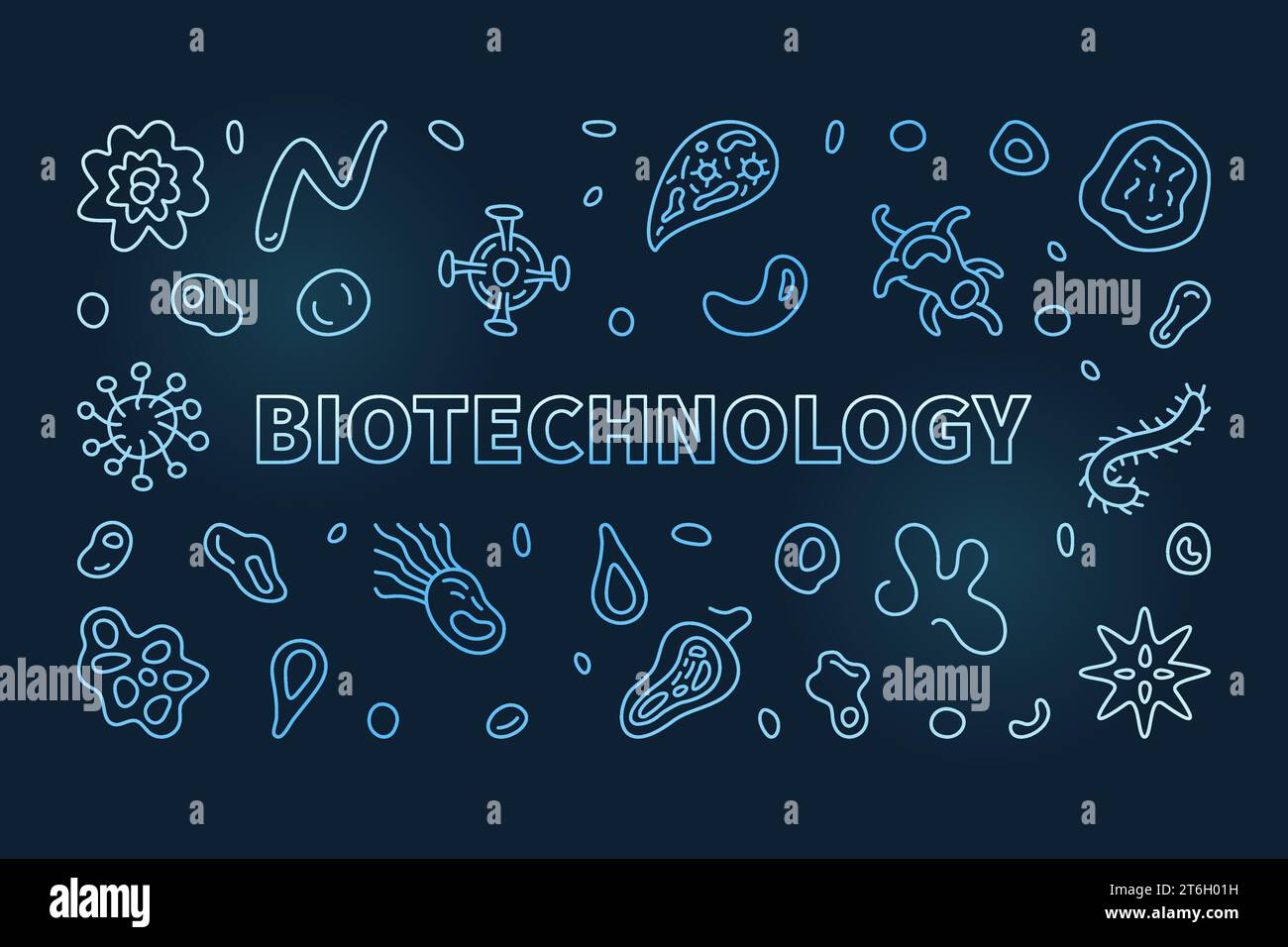 Biotechnology Science concept line vector horizontal blue banner or ...
