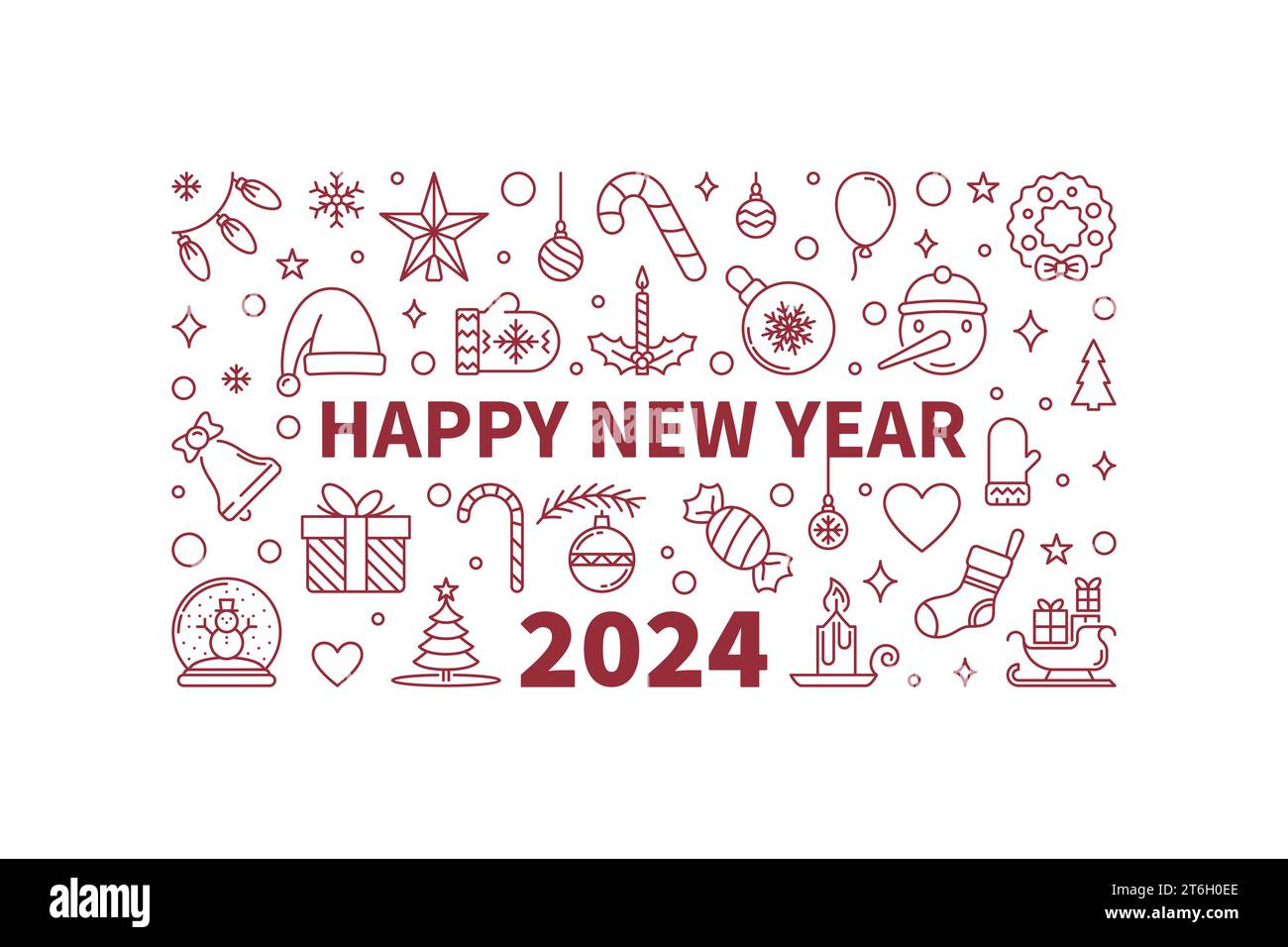 Happy 2024 New Year vector outline simple horizontal Holidays concept ...