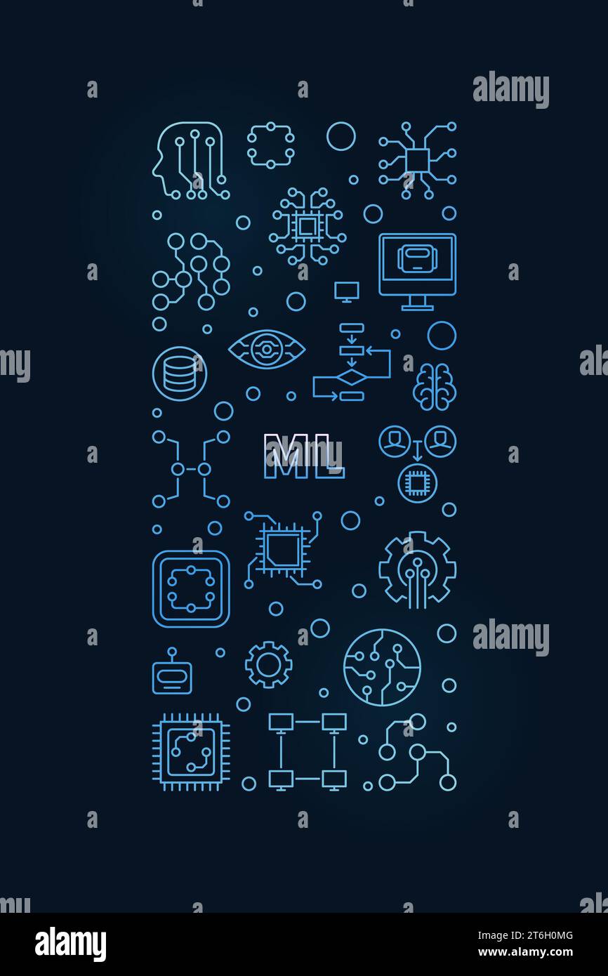 Machine Learning concept vector outline blue vertical banner. ML ...