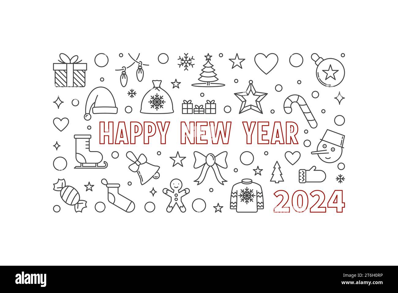 Happy New Year 2024 Greeting Card in outline style - vector Holidays ...