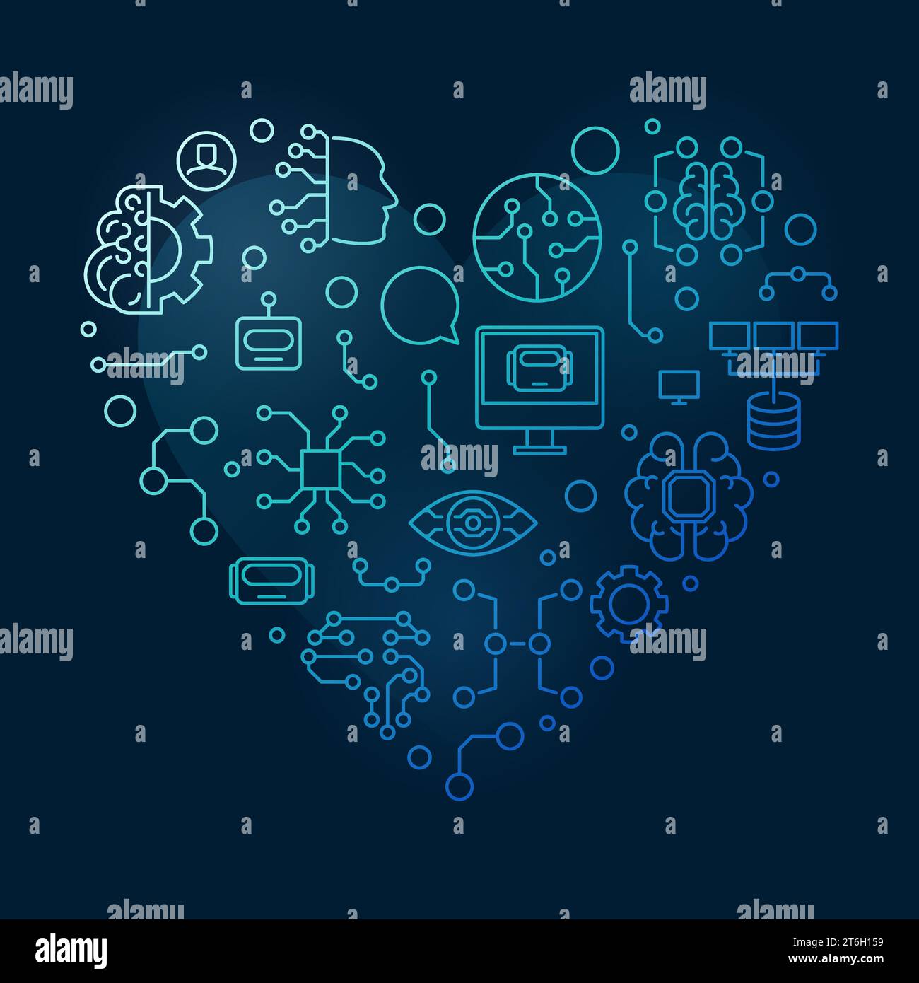 Machine Learning - ML Technology concept blue heart shaped outline ...